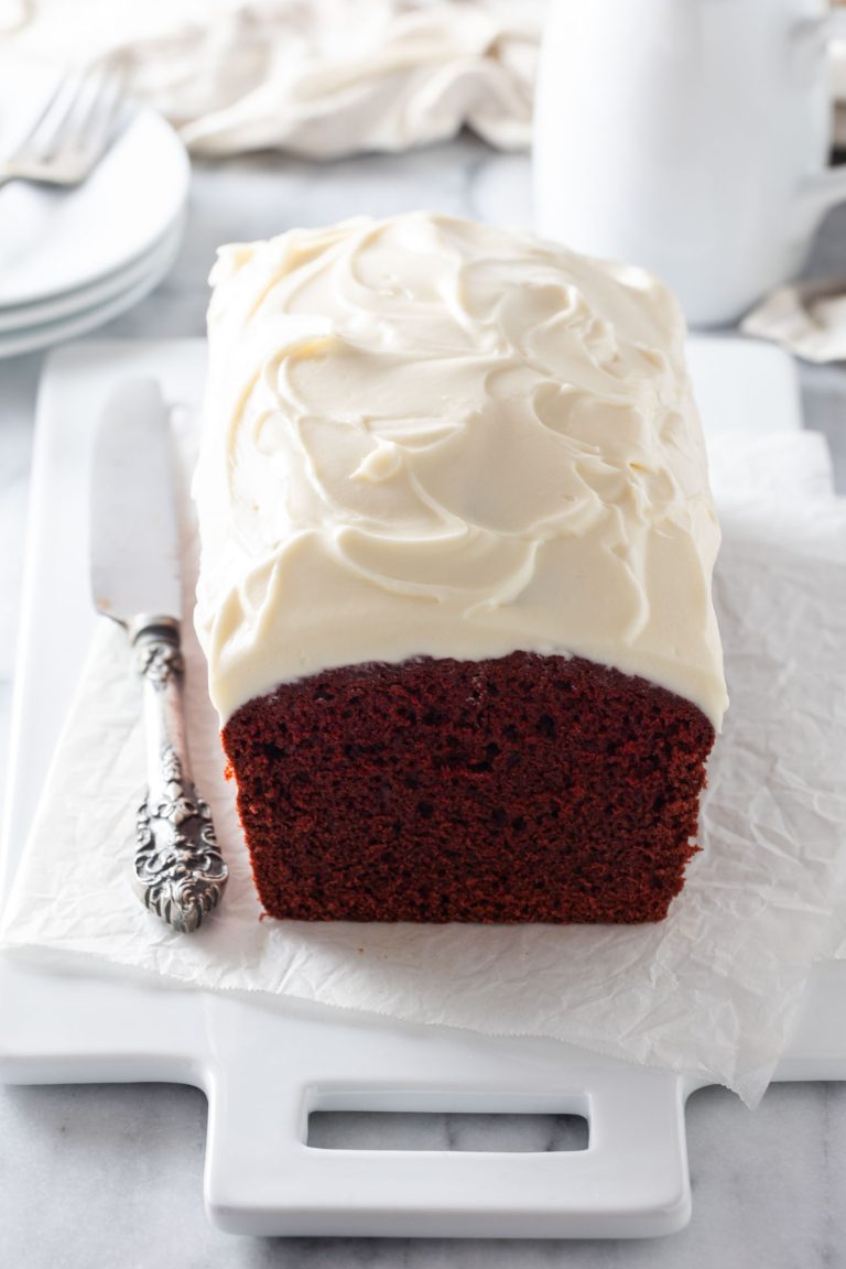 Red Velvet Loaf Cake with Cream Cheese Frosting • Baked by Rachel