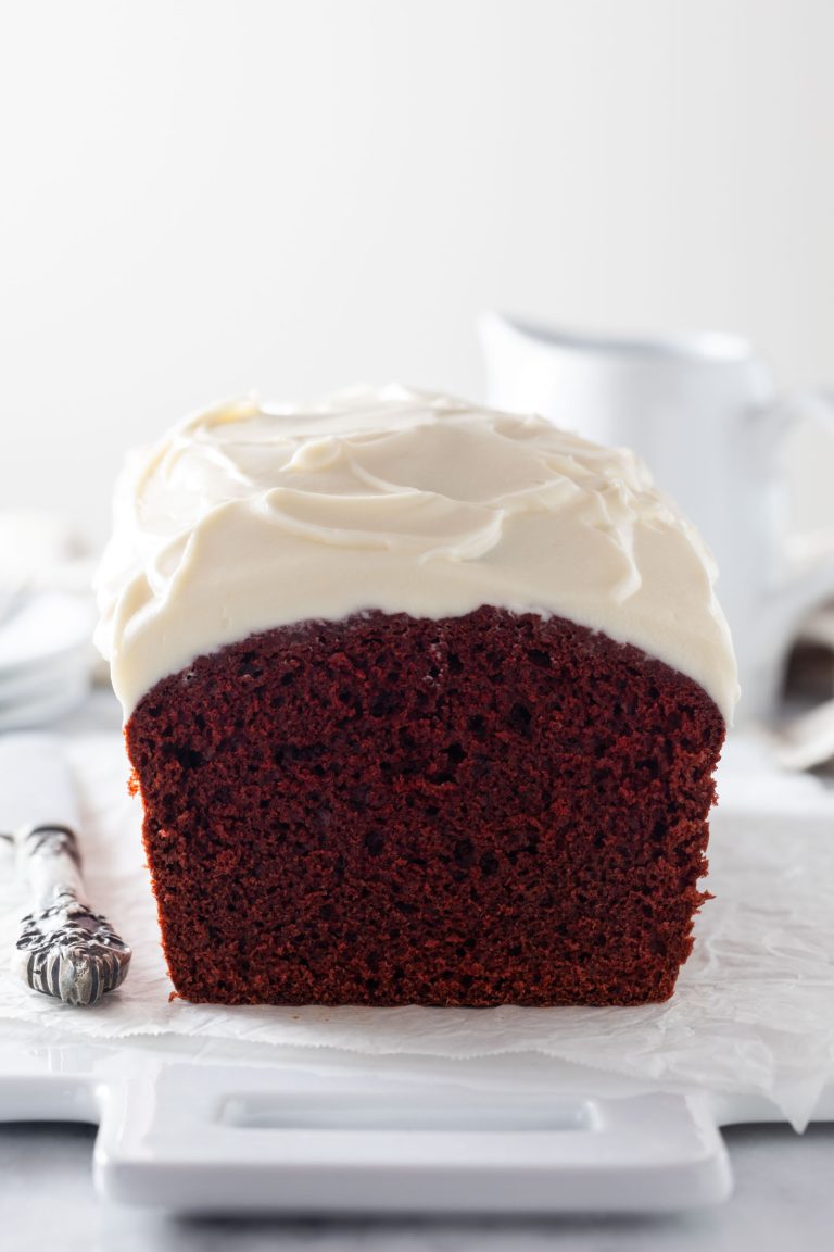 Red Velvet Loaf Cake with Cream Cheese Frosting • Baked by Rachel