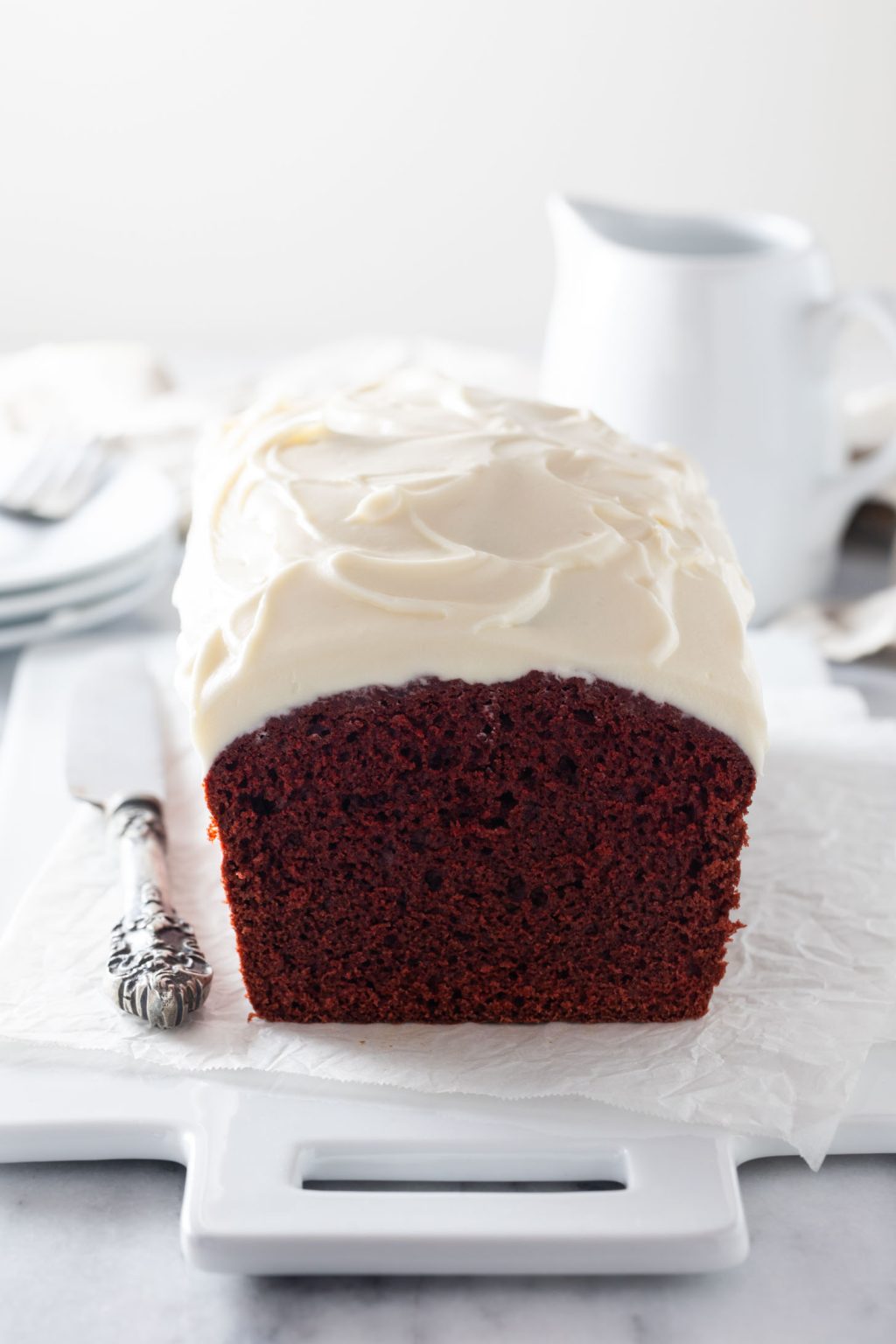 Red Velvet Loaf Cake with Cream Cheese Frosting • Baked by Rachel